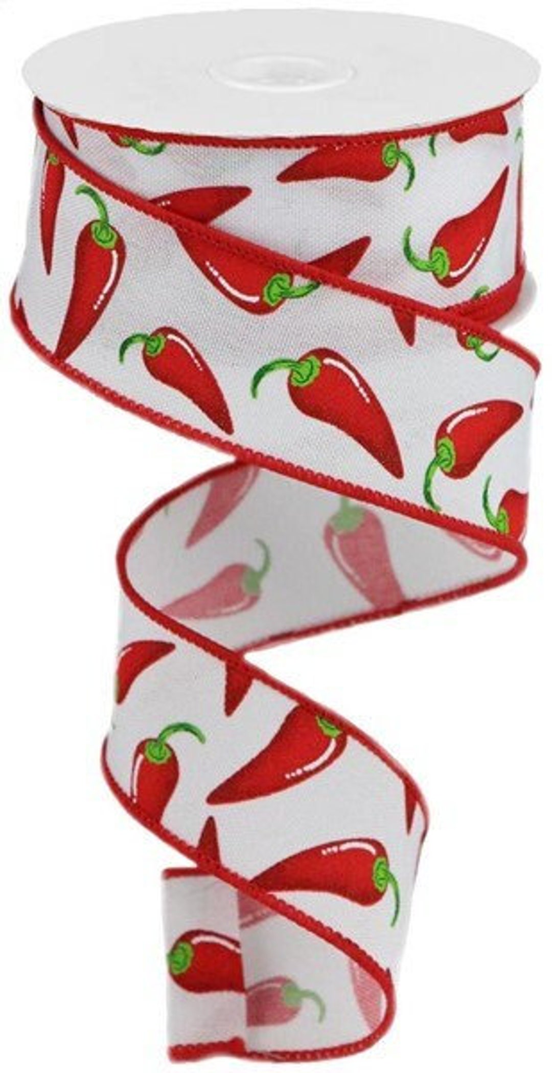1.5" X 10 YDS White & Red Chili Pepper on Faux Royal Wired Ribbon ...