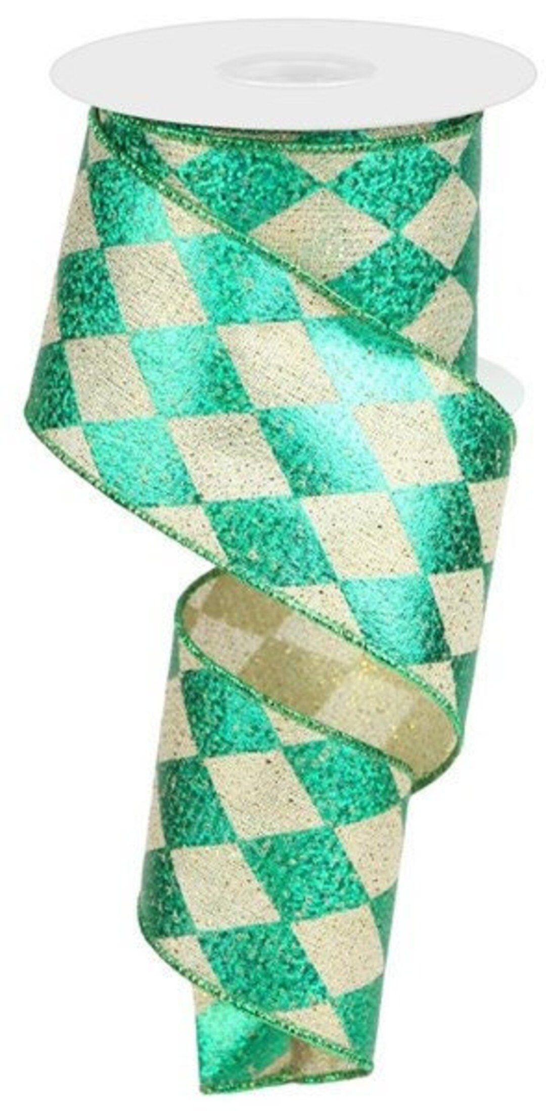 2.5" X 10 Yards Emerald Green, and Gold Metallic Harlequin Wired Ribbon ...