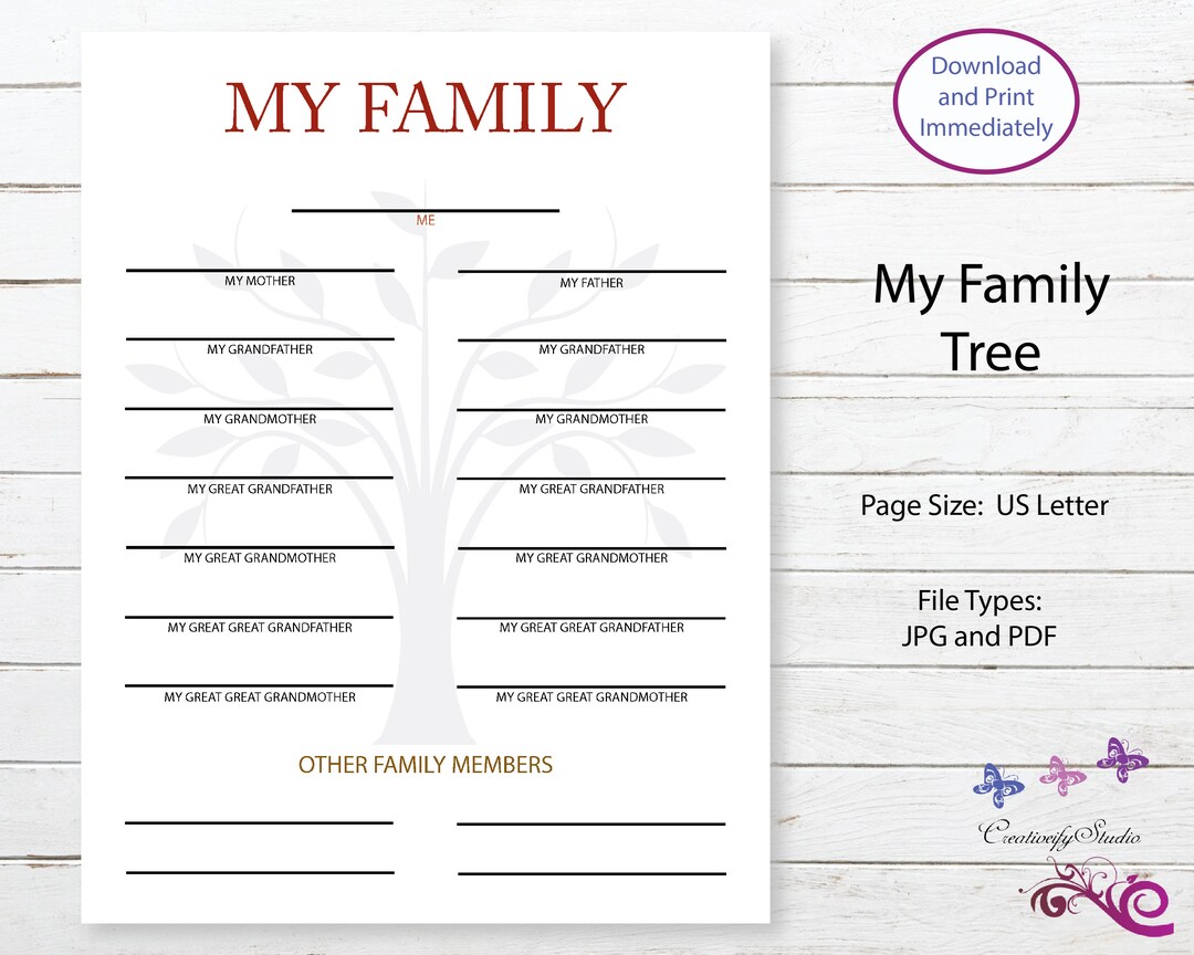 Printable Family Tree Chart, Family History, Kids Activity, Pedigree ...