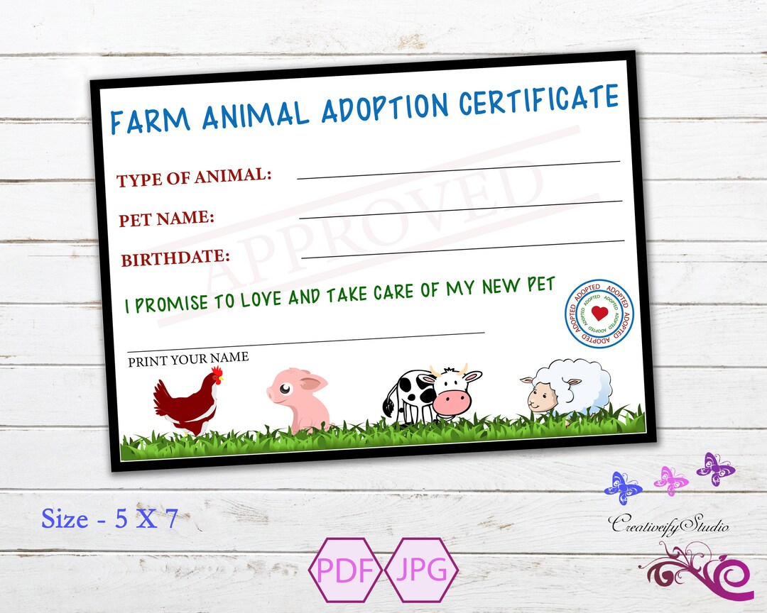 Farm Animal Adoption Certificate, Pet Adoption, Adopt an Animal, Adopt ...