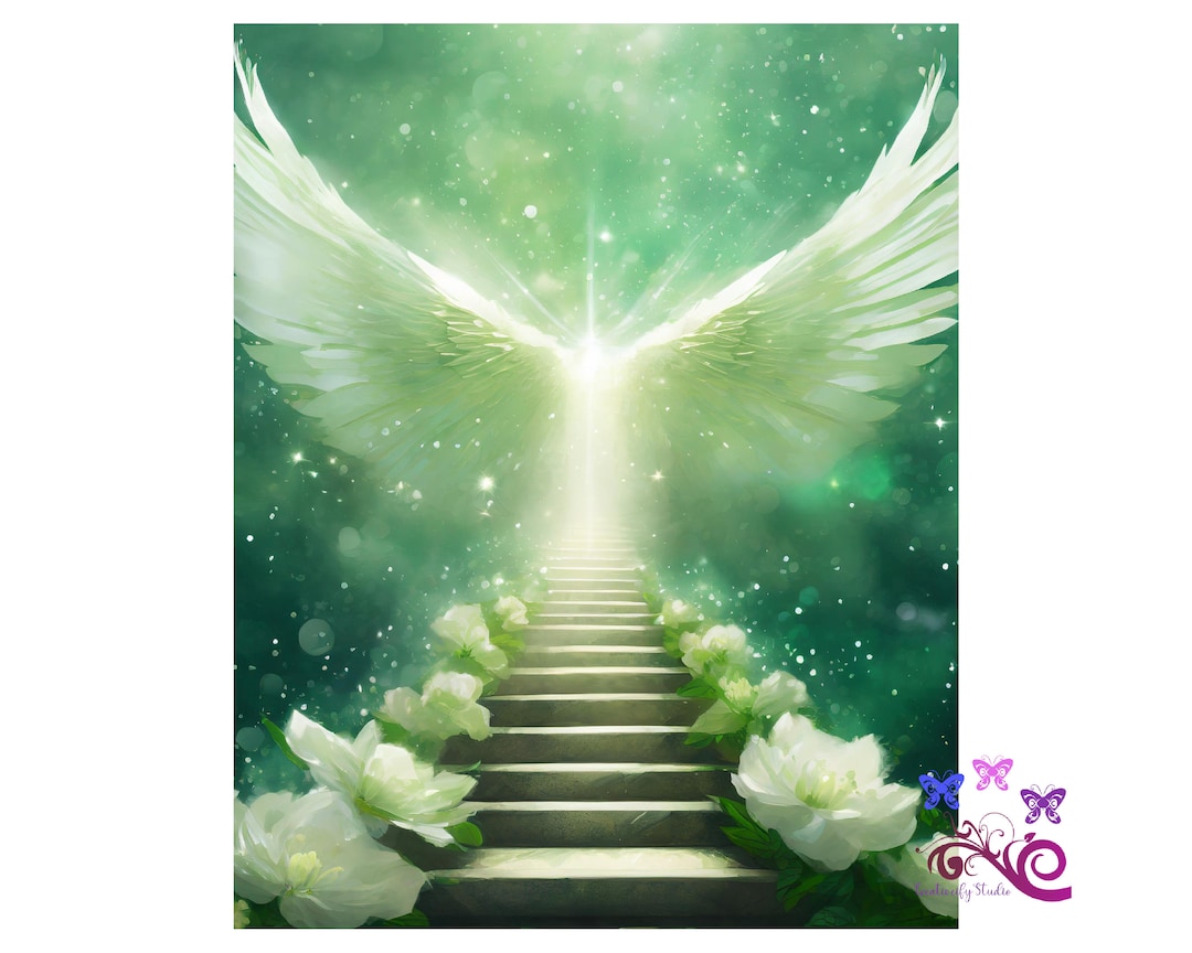 Light Green Heaven Background With Angel Wings PNG, Memorial Image ...