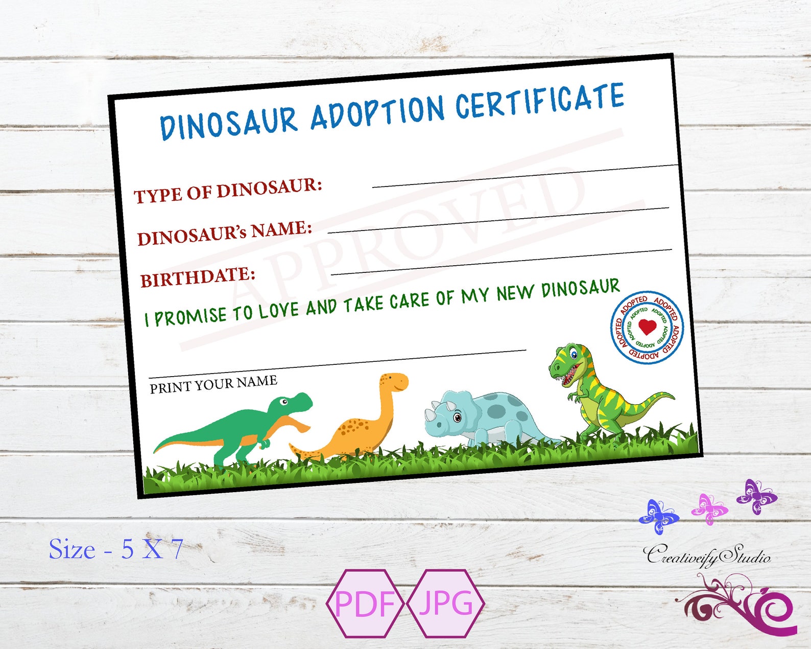 Dinosaur Adoption Certificate Dinosaur Adoption Adopt an - Etsy