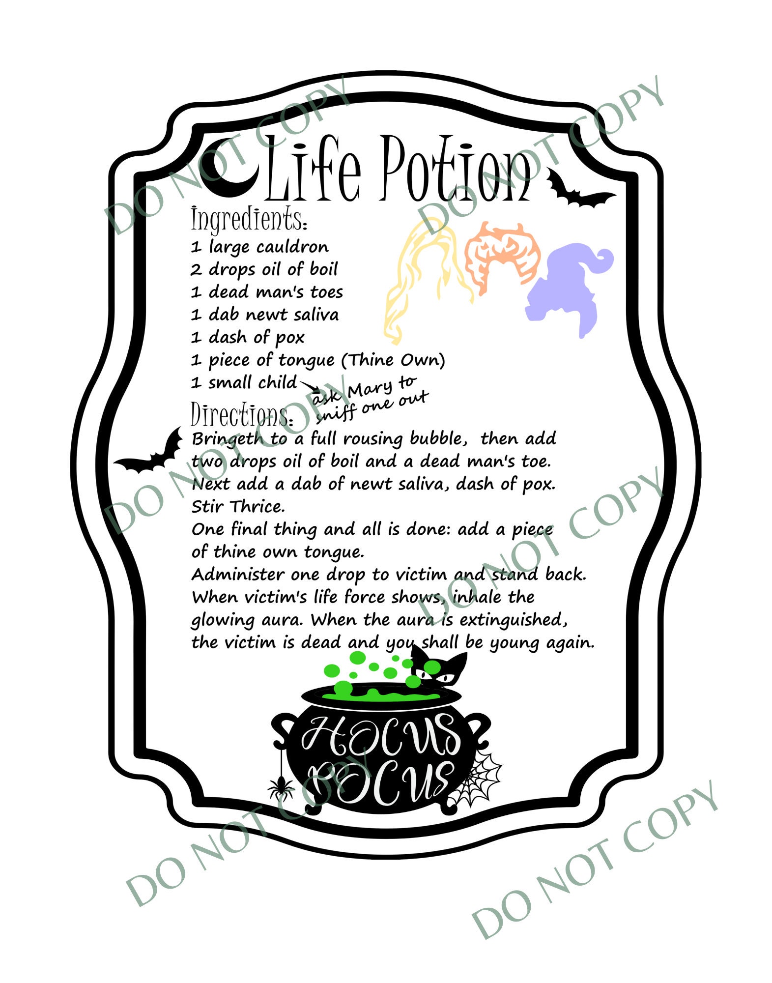 Hocus Pocus Life Potion Spell Recipe Printable PDF - Etsy
