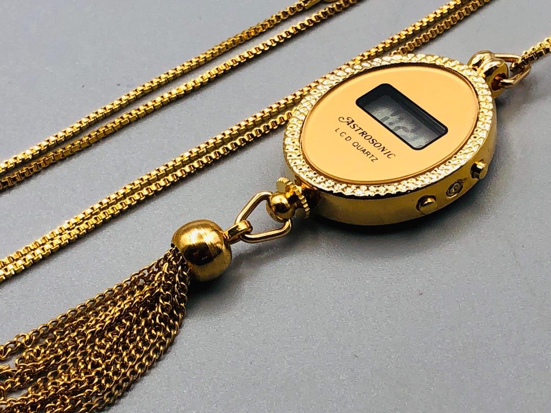 Vintage 70s 80s NOS Chic LCD Digital Quartz Gold Tone Tassel Necklace ...