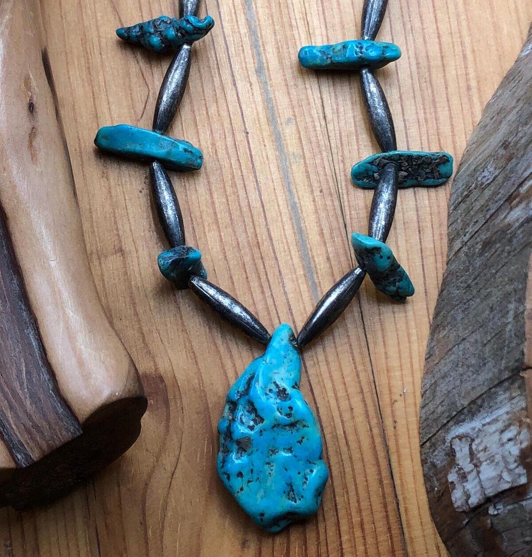 Vintage 1970s Old Pawn Native American NAVAJO Raw Turquoise Sterling ...