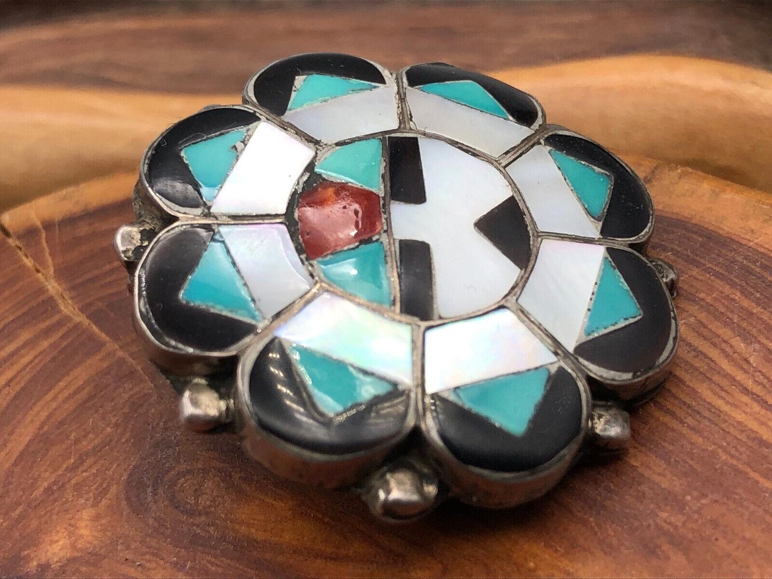 Vintage NATIVE AMERICAN ZUNI Sun Face Sterling Silver Inlay Mother of ...