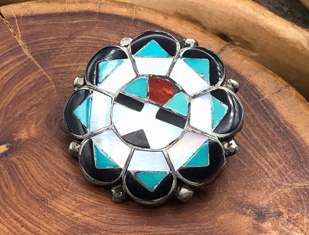Vintage NATIVE AMERICAN ZUNI Sun Face Sterling Silver Inlay Mother of ...