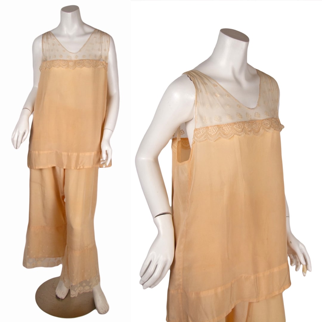 Antique 1920s Antique Pajama Set 1920s Peach Silk Pajamas With Lace ...