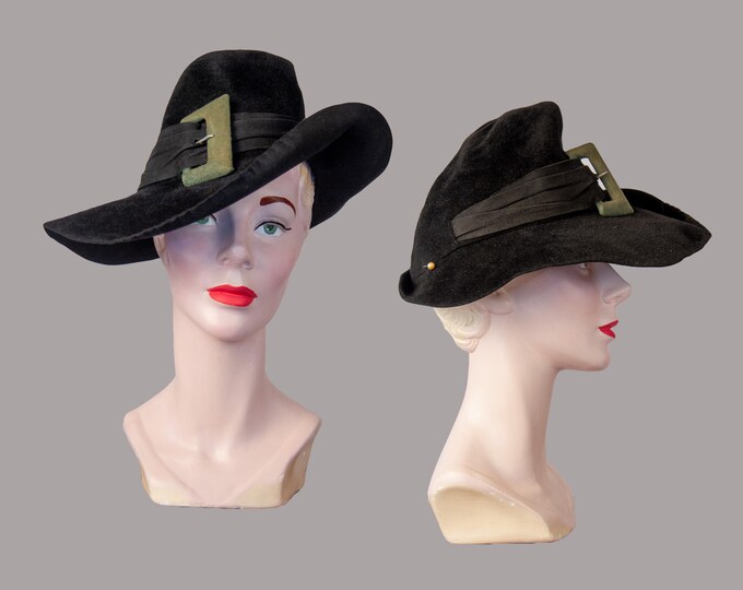 Late 1930s Rare Vintage Black Brimmed Velour Turn up Hat With Green ...
