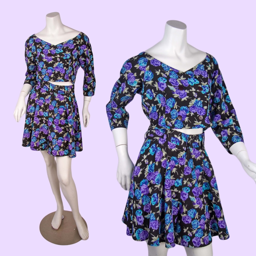 1990s Vintage Shorts Set, 90s Bare Mid Drift, Paris Blues Rose Print ...