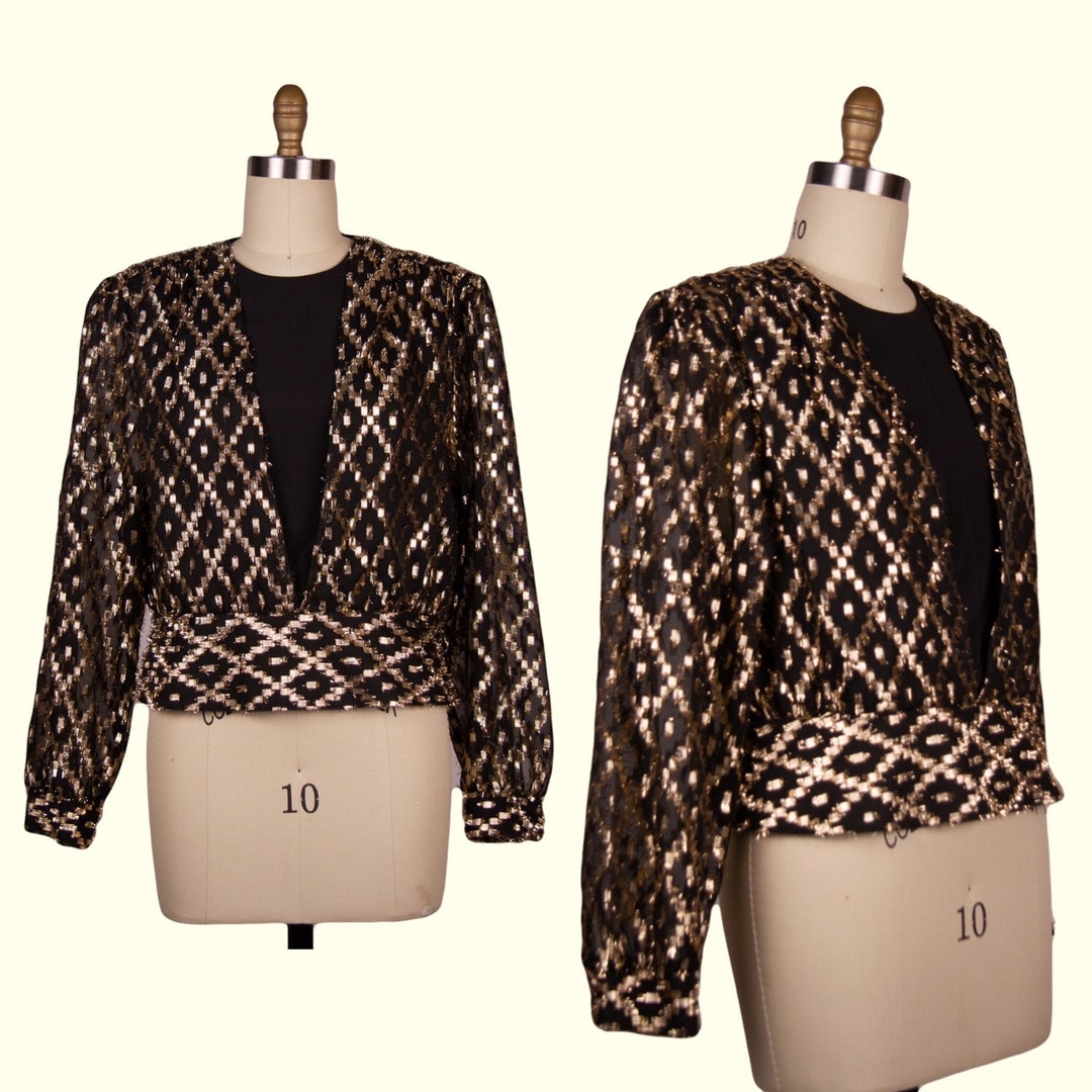 1980s Vintage Blouse, 80s Black and Metallic Gold Blouse by Elite ...