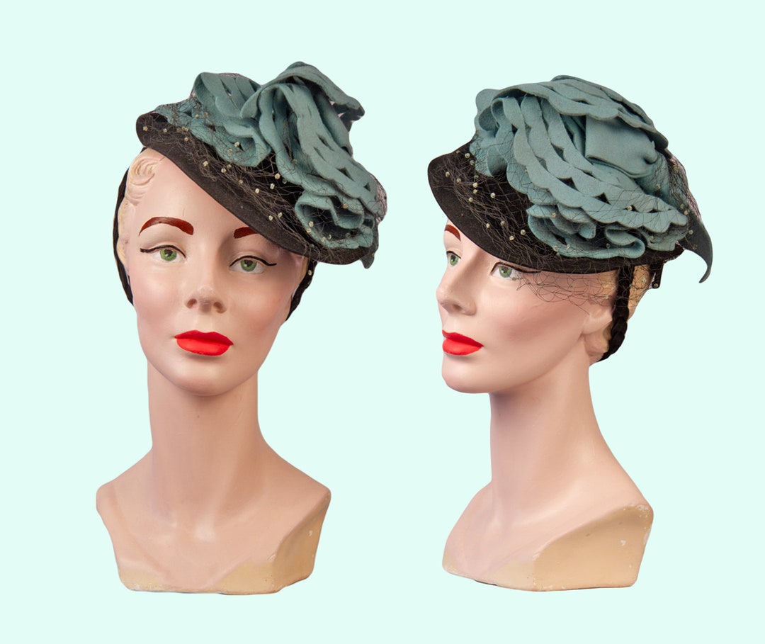 1940s Vintage Hat, 40s Black Tilt Hat With Decorative Turquoise Toned ...