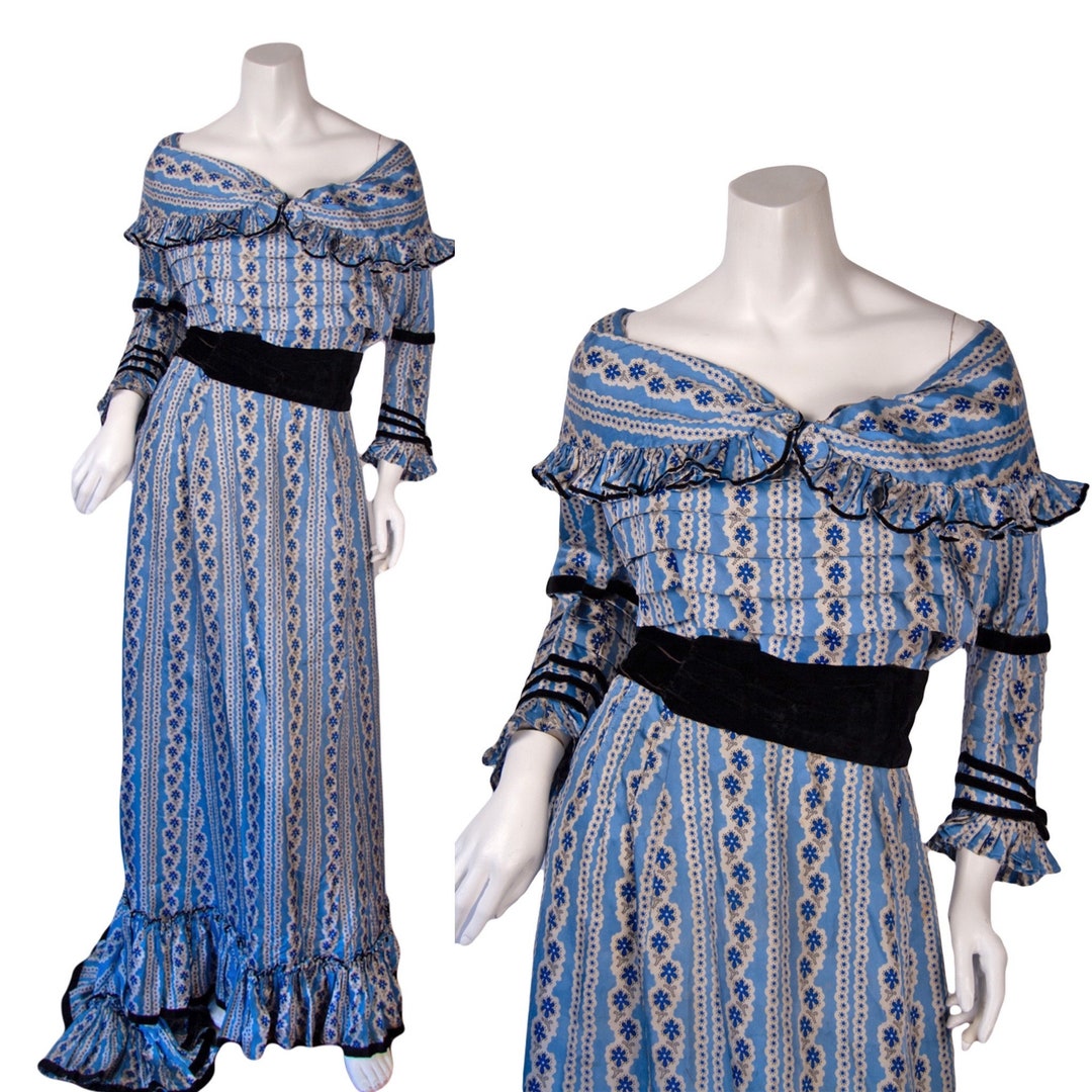 1900s Antique Dress, Edwardian Blue Silk Floral Two Piece Dress, Medium ...