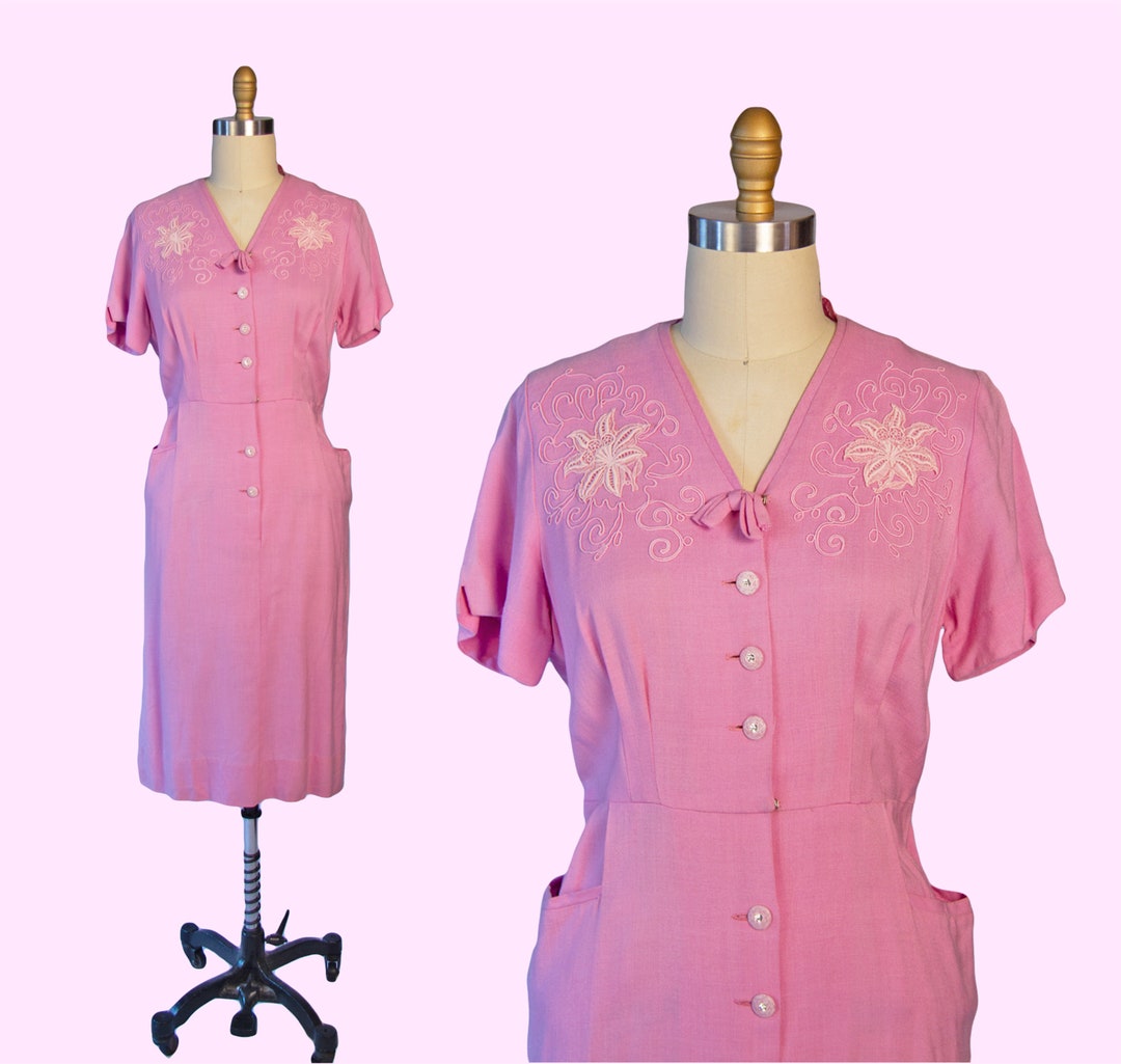 1950s Vintage Dress, 50s Taffy Pink Linen Dress With Pockets, Day Dress ...
