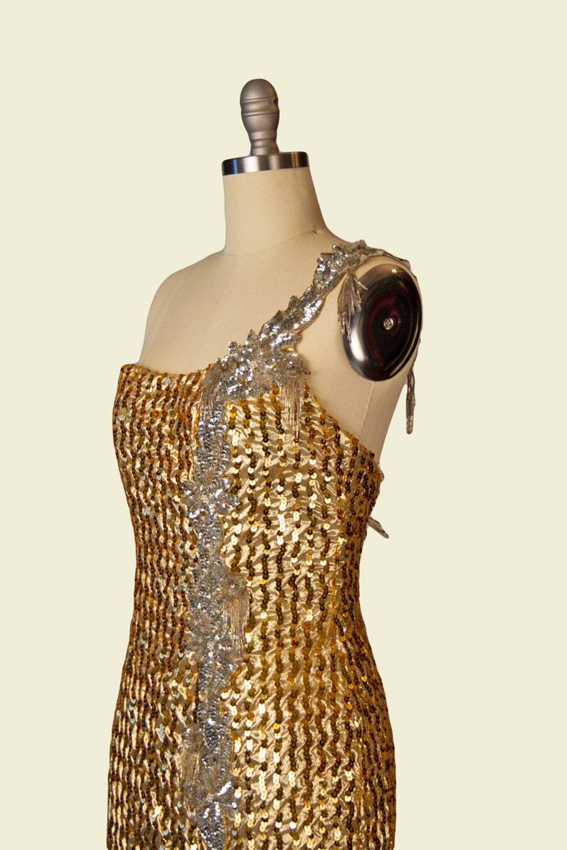 1980s Vintage Gown, 80s Gold Lamé One Shoulder Mermaid Gown With ...