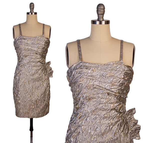 1980s Vintage Dress, 80s Silver & Gold Lamé Cocktail … - Gem