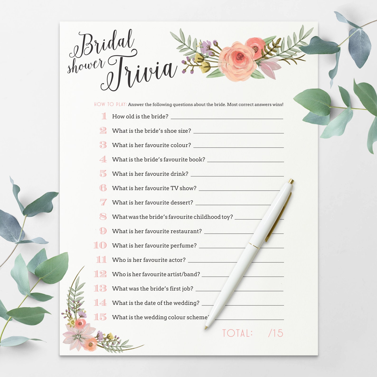 Bride Trivia Game for Bridal Shower Floral Theme Instant Printable ...