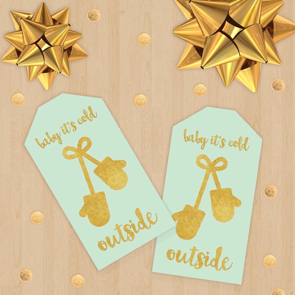Holiday DIY Gift Tags Printable Mint Green and Gold Foil Mittens Theme ...