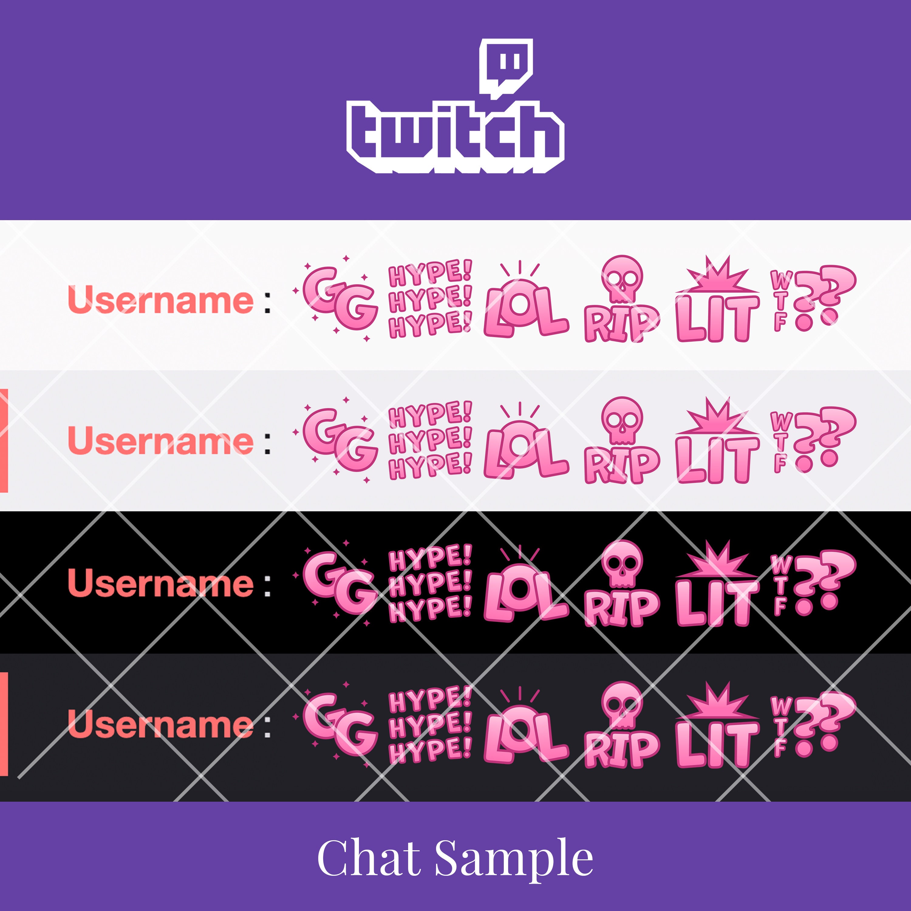 Twitch Emotes, Cheer Bit & Subscriber Badges Pink Text Instant Download ...
