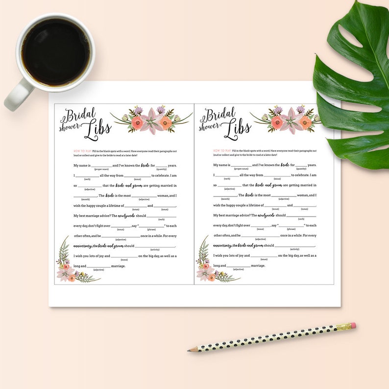 Mad Libs Game for Bridal Shower Floral Theme Instant - Etsy