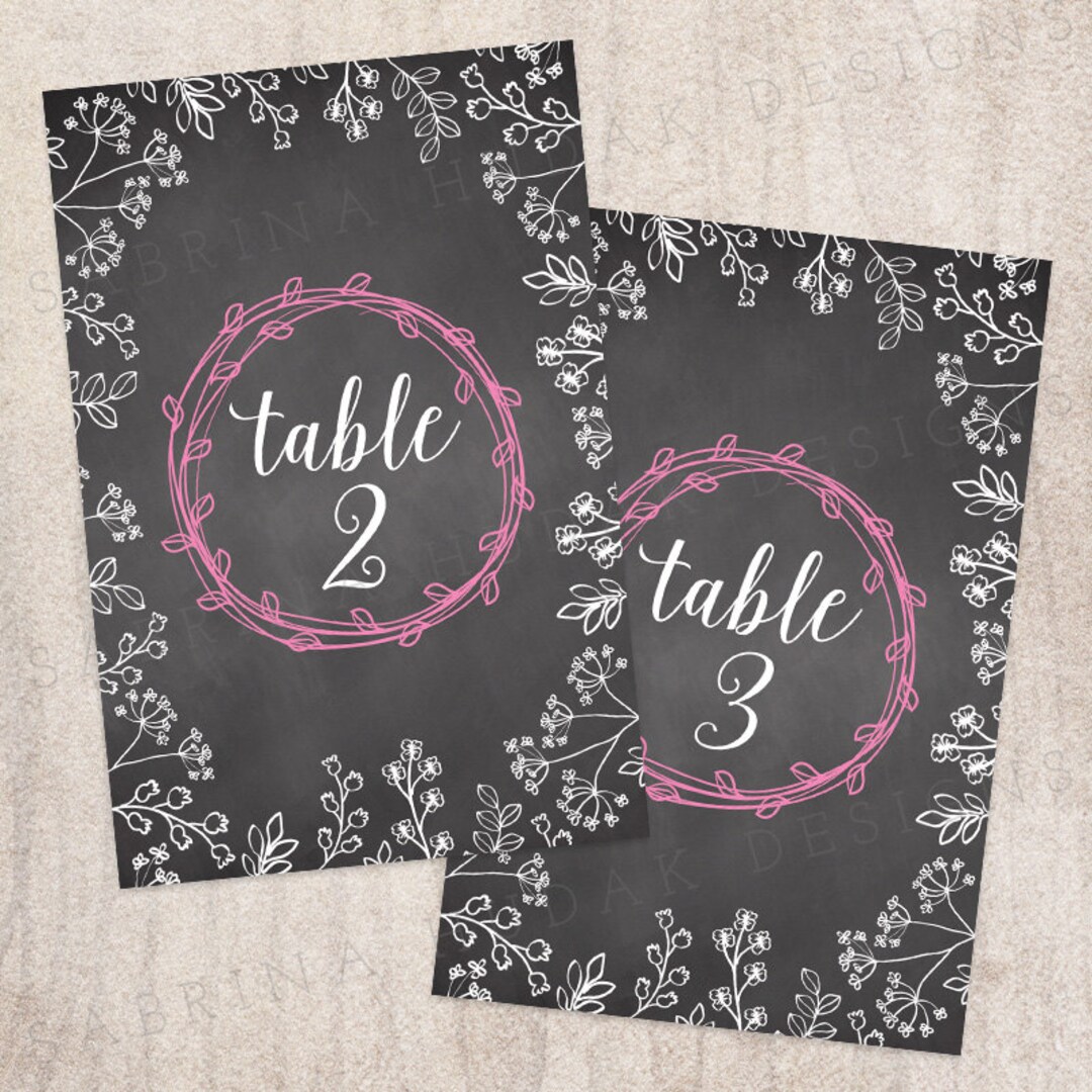 Customizable Printable Wedding Numbered Table Cards - Chalkboard Floral ...