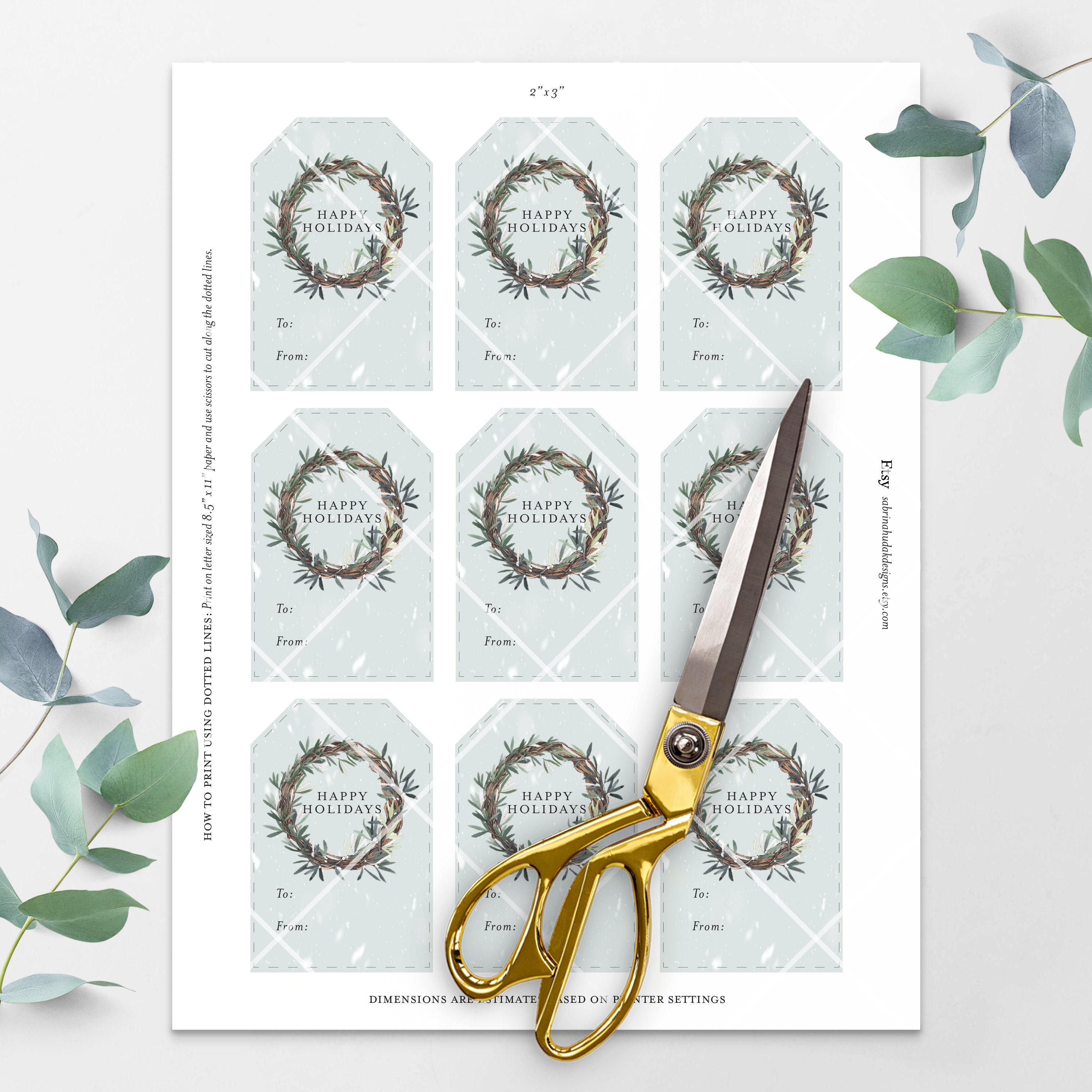 Holiday DIY Gift Tags 2 X 3 Snowy Winter Wreath Theme Instant Printable ...