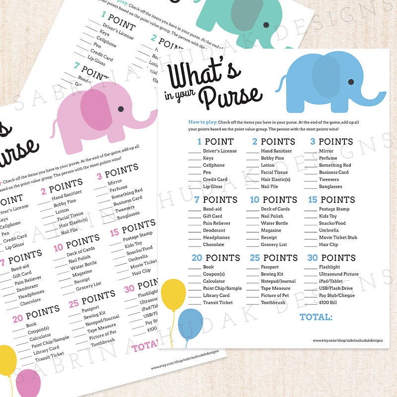 What's in Your Purse Game for Baby Shower Boy, Girl and Unisex Elephant ...