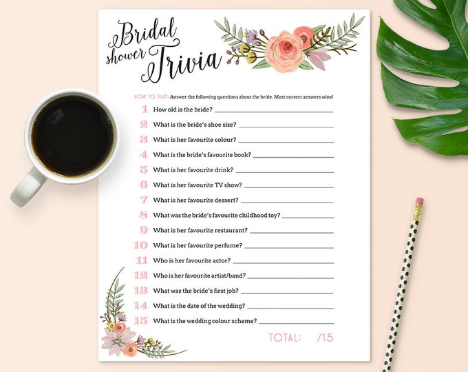 Bride Trivia Game for Bridal Shower - Floral Theme - Instant Printable ...