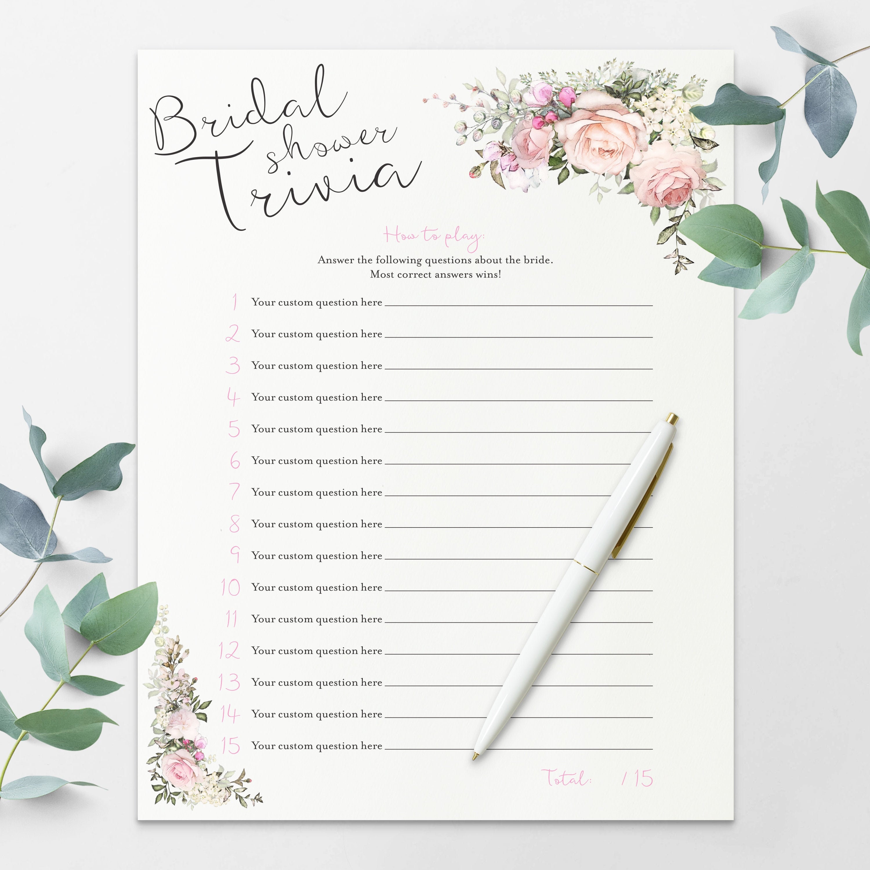Customize Your Own Bride Trivia Game for Bridal Shower Romantic Rustic ...