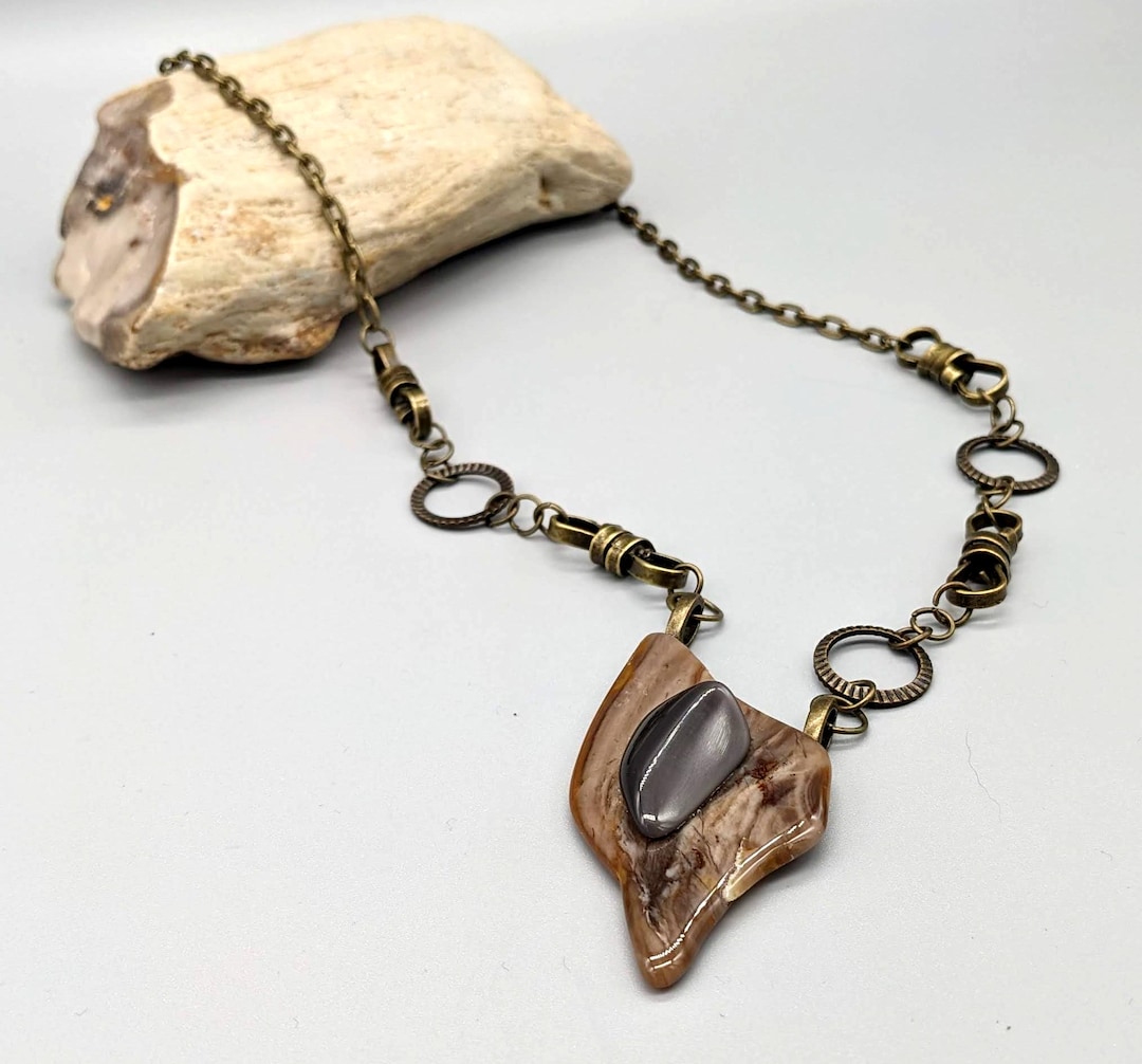 Petrified Wood and Obsidian Layered Pendant Asymmetrical Necklace - Etsy