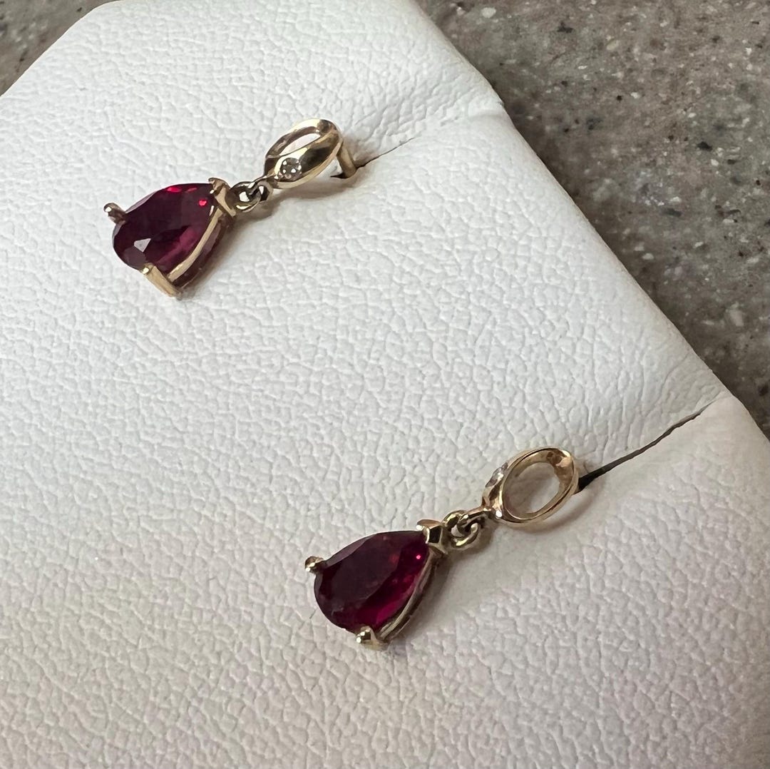 Vintage 9K Yellow Gold Red Ruby & Diamond Dangle Earrings - Etsy