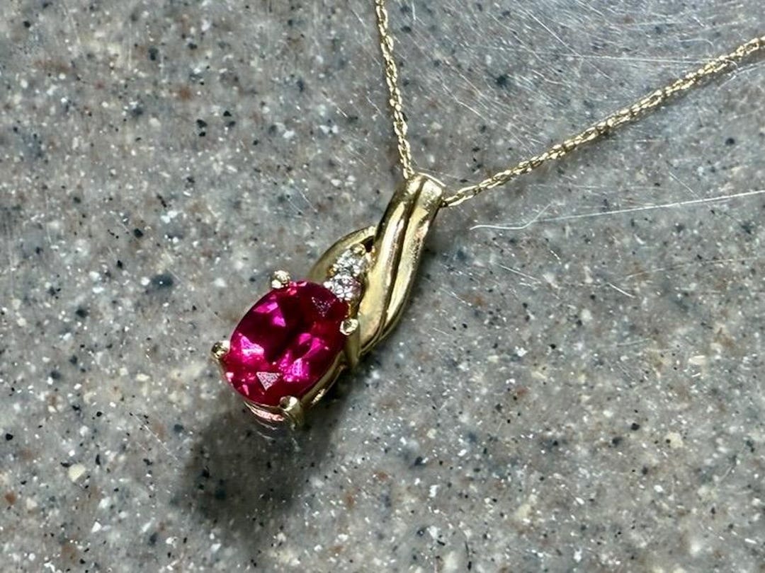 Vintage 10K Yellow Gold Red Ruby & CZ Pendant Necklace - Etsy