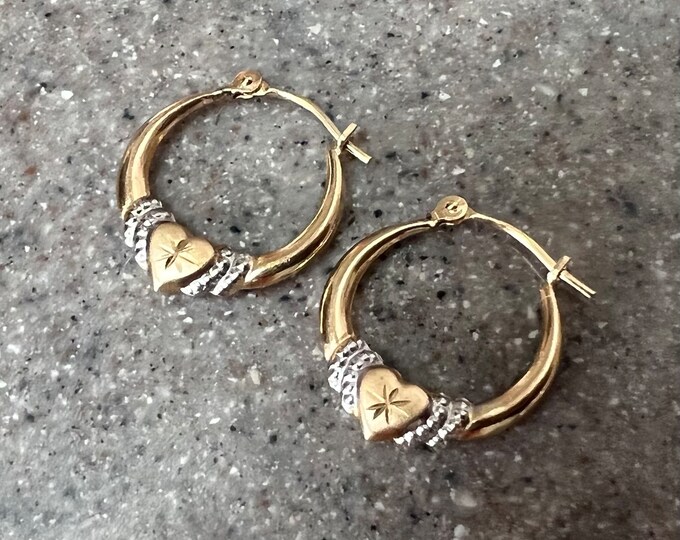 Vintage 14K Yellow Gold & White Gold Heart Hoop Earrings - Etsy