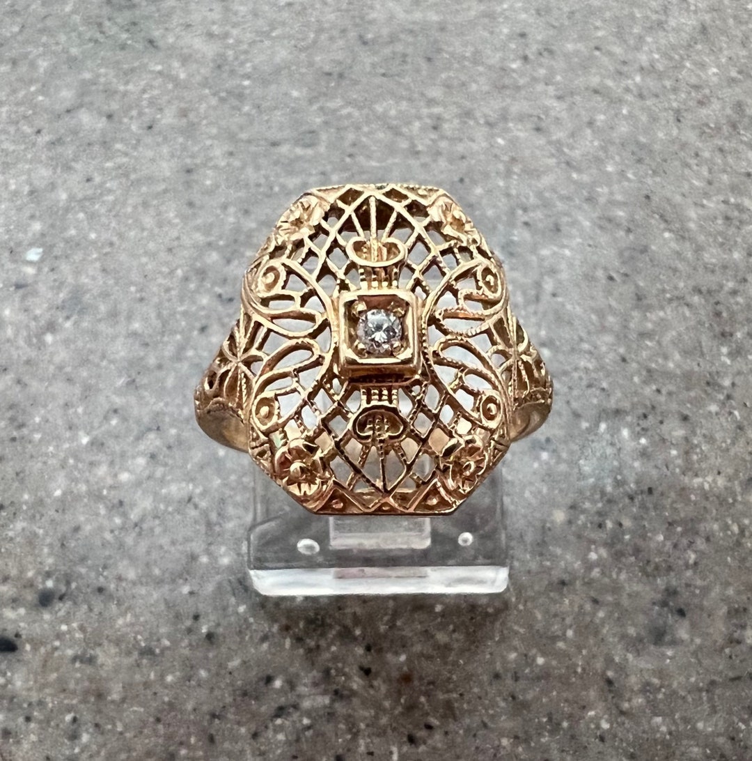 Vintage 14K Yellow Gold Diamond Shield Ring - Etsy