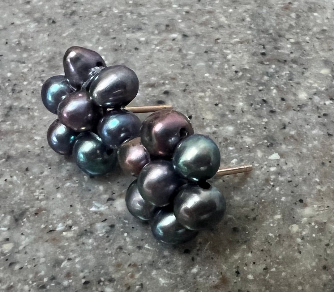 Vintage 14K Yellow Gold Blue Pearl Flower Stud Earrings - Etsy