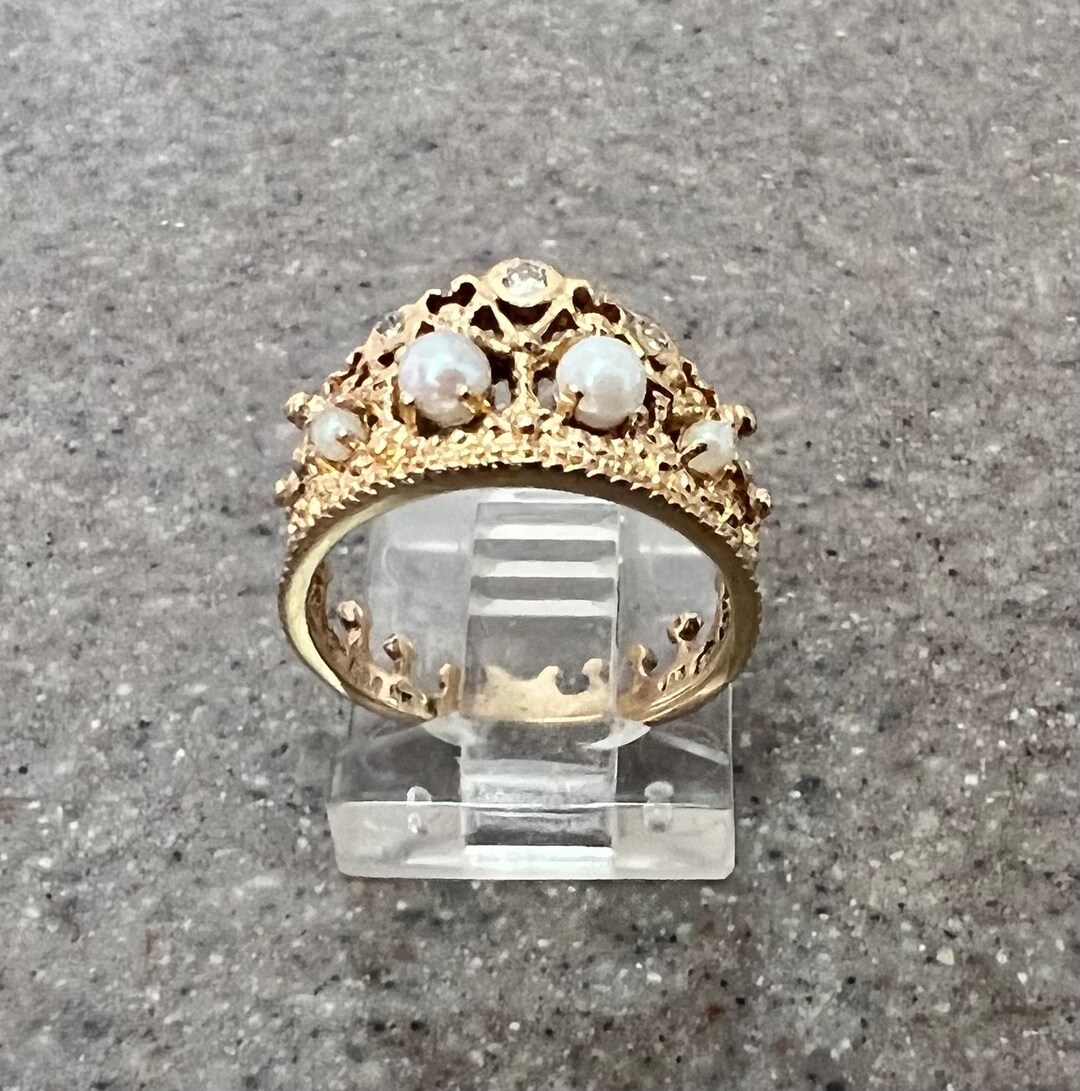 Franklin Mint Vintage 14K Yellow Gold Diamond & Pearl Crown Ring, the ...