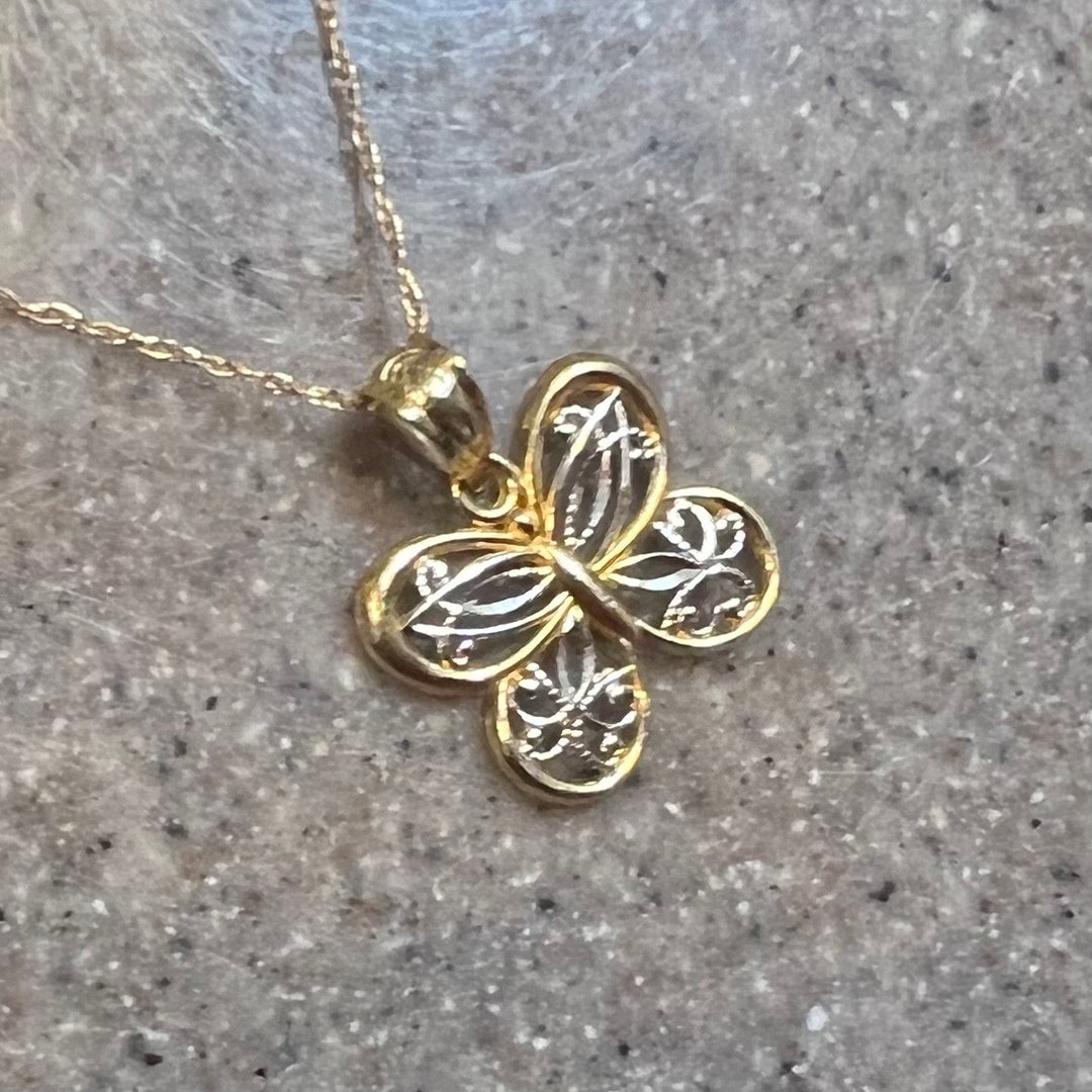 Vintage 10K Yellow Gold & White Gold Butterfly Pendant Necklace - Etsy