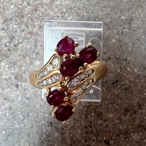 Vintage 14K Yellow Gold Ruby & Diamond Cocktail Ring - Etsy
