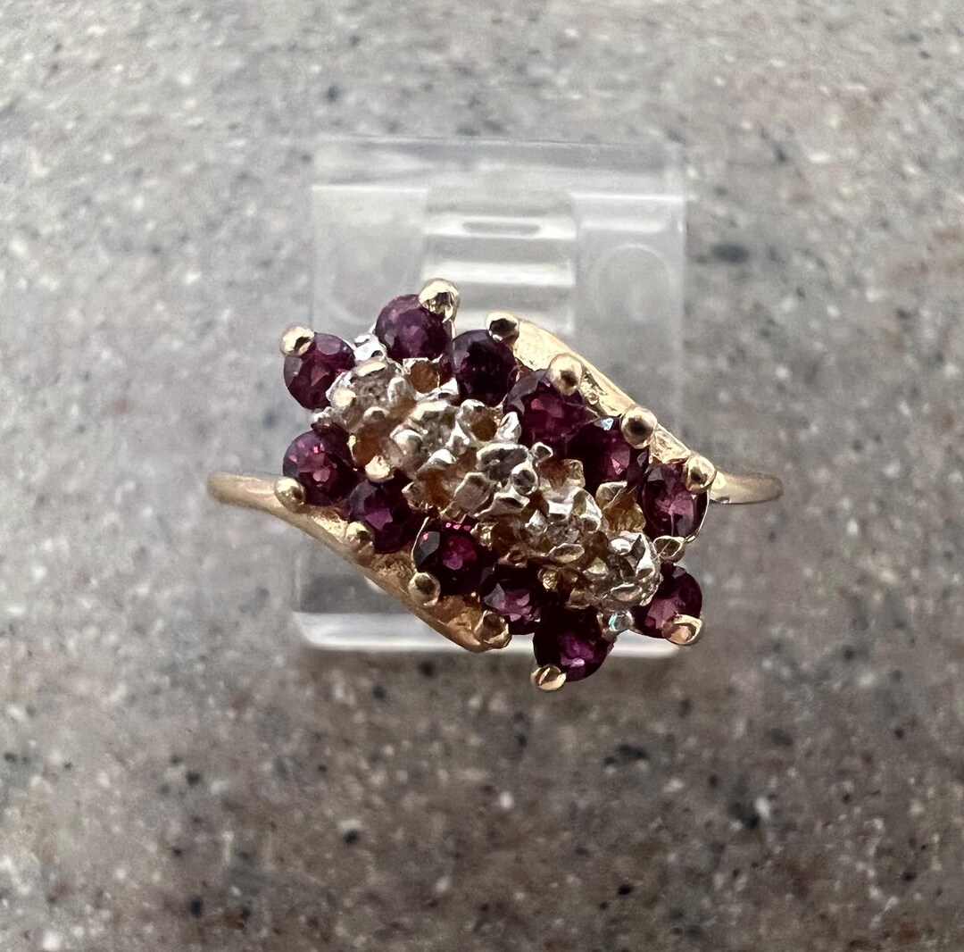 Vintage 10K Yellow Gold Ruby & Diamond Cocktail Ring - Etsy