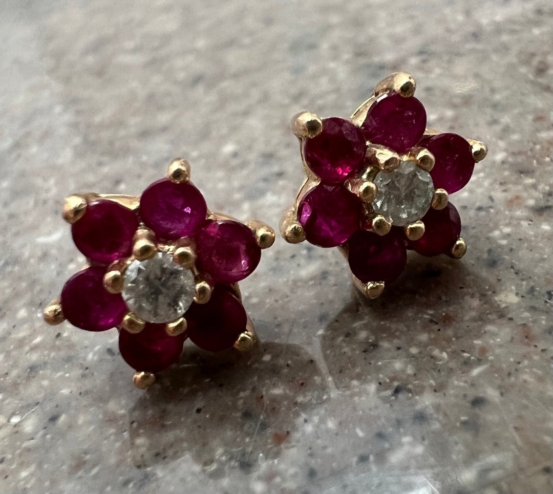 Vintage BH Effy 14K Yellow Gold Red Ruby & Diamond Stud Flower Earrings ...