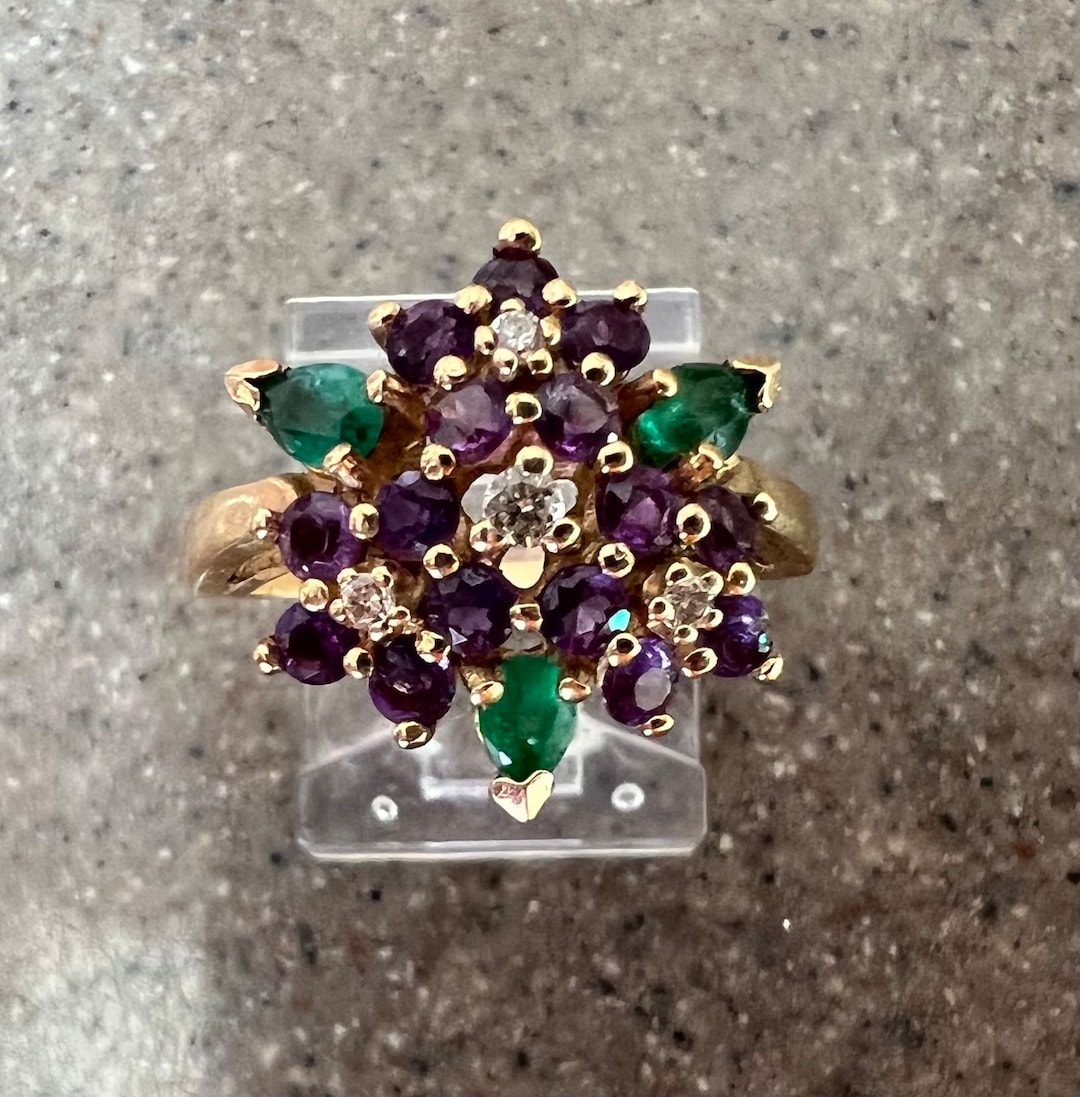 Vintage 14K Gold Amethyst Emerald Diamond Flower Cocktail Ring, by Franklin Mint & House of ...