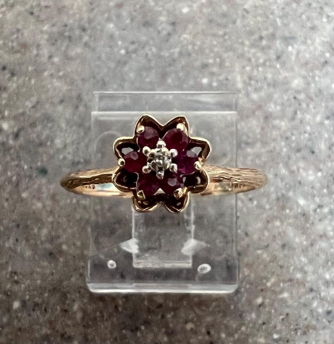 Vintage 10K Yellow Gold Ruby & Diamond Flower Tulip Ring - Etsy
