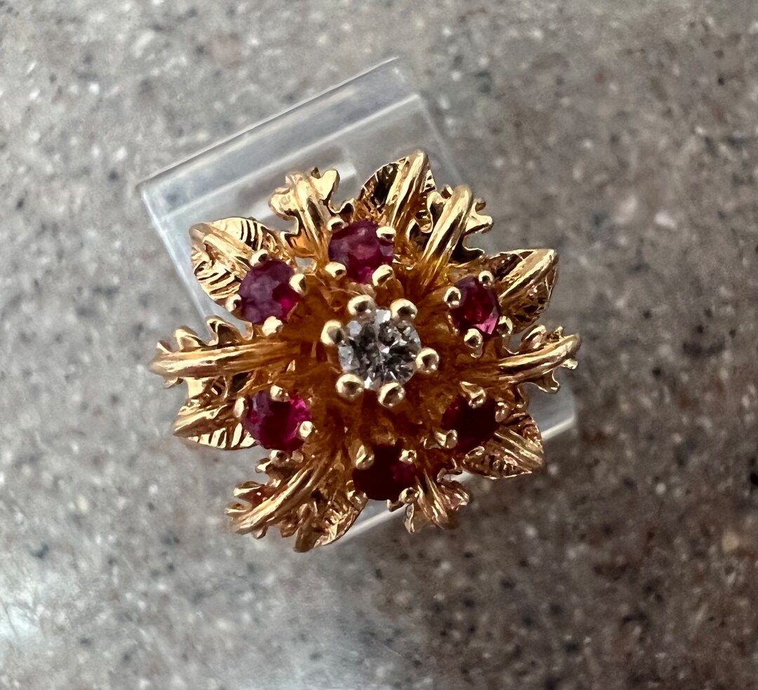 Vintage 14K Gold Ruby & Diamond Flower Ring, Stunning!!! Size 5.25 - Etsy