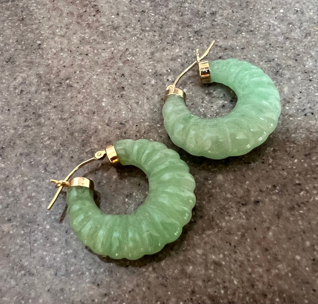 Vintage 14K Yellow Gold Green Jade Hoop Earrings - Etsy