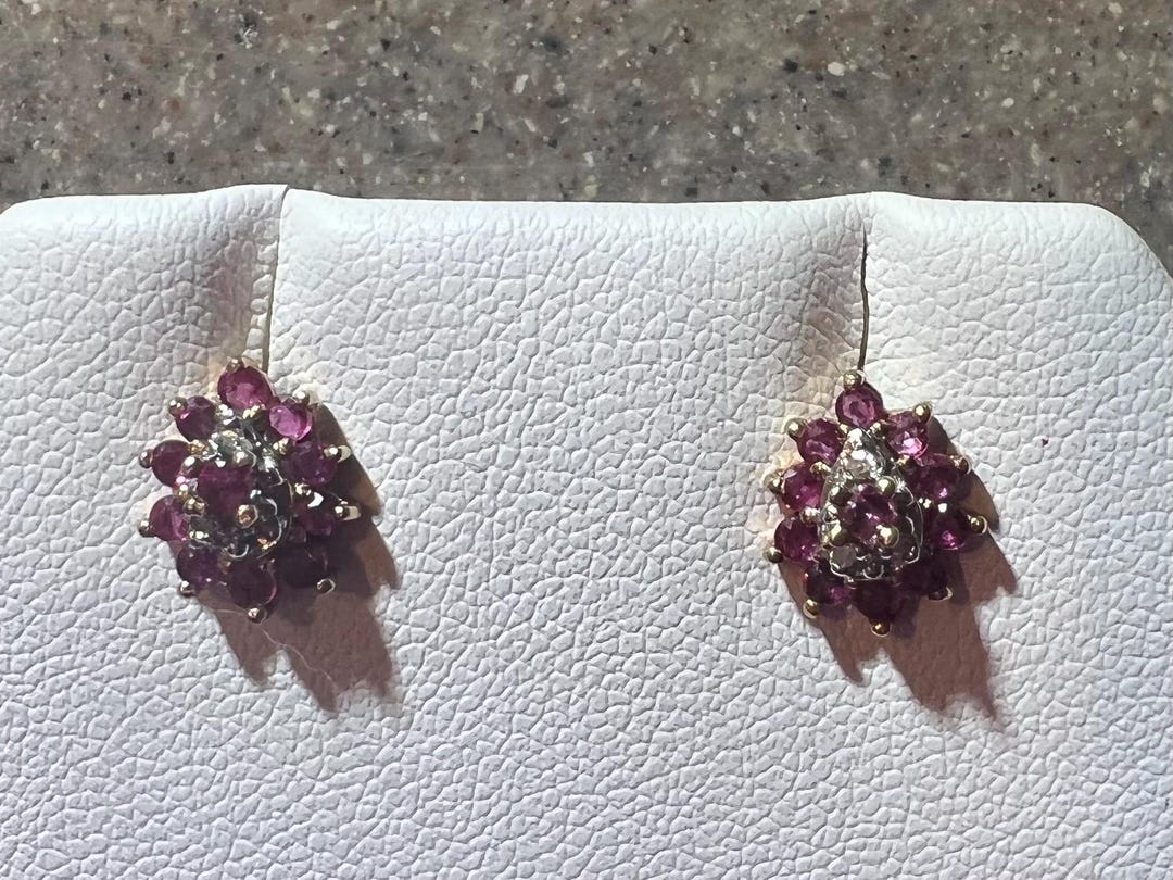 Vintage 10K Yellow Gold Red Ruby & Diamond Stud Earrings - Etsy