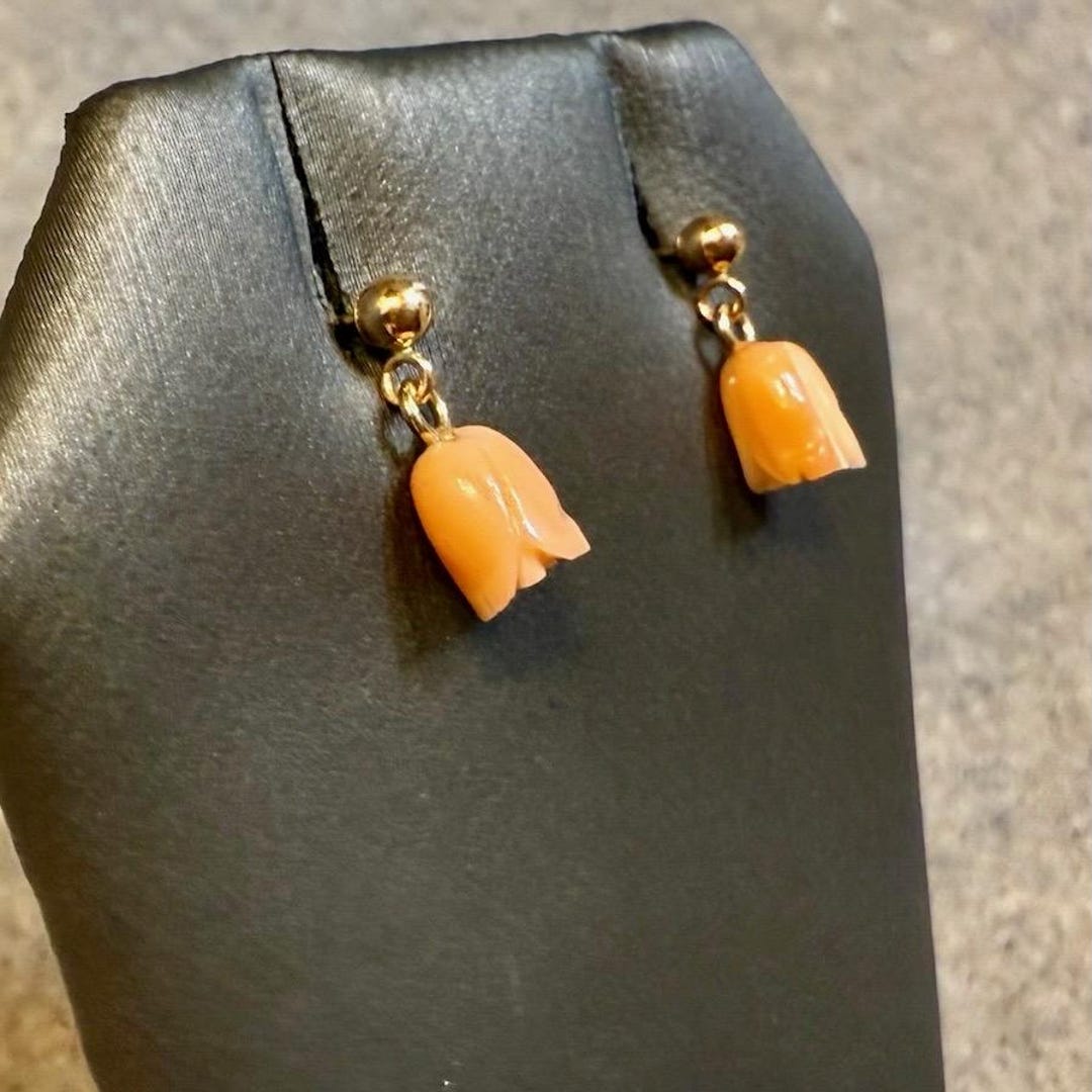 Vintage 14K Yellow Gold Angel Skin Coral Tulip Flower Dangle Earrings ...