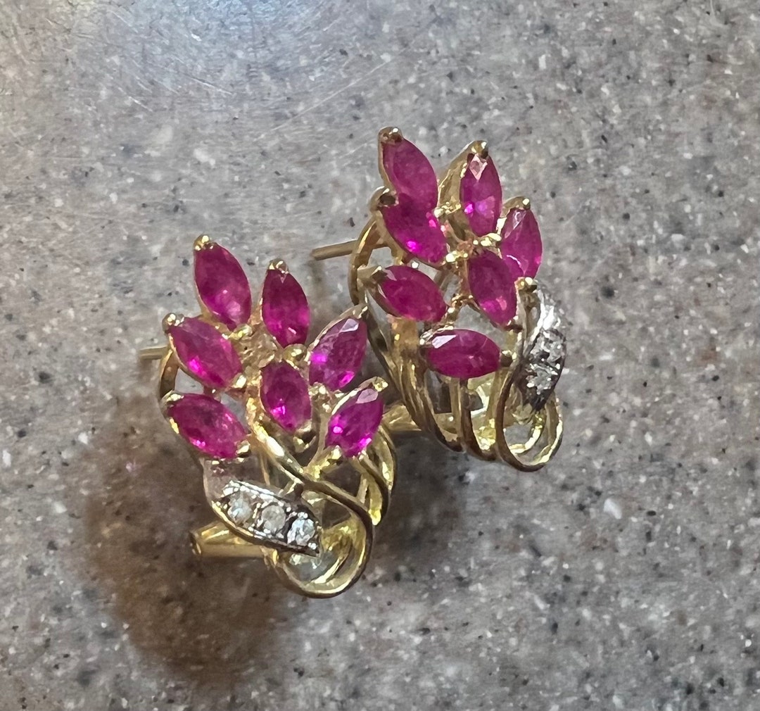 Vintage 14K Yellow Gold Red Ruby & Diamond Cluster Earrings With Omega Backs - Etsy