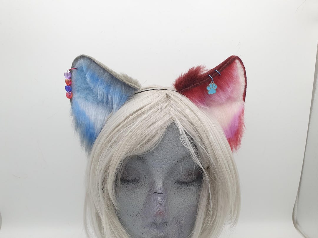 Half Grey and Powder Blue, Half Maroon and Baby Pink Wolf Ear Headband ...