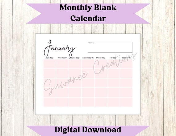 Printable Blank Calendar Digital Download Pink PNG and - Etsy