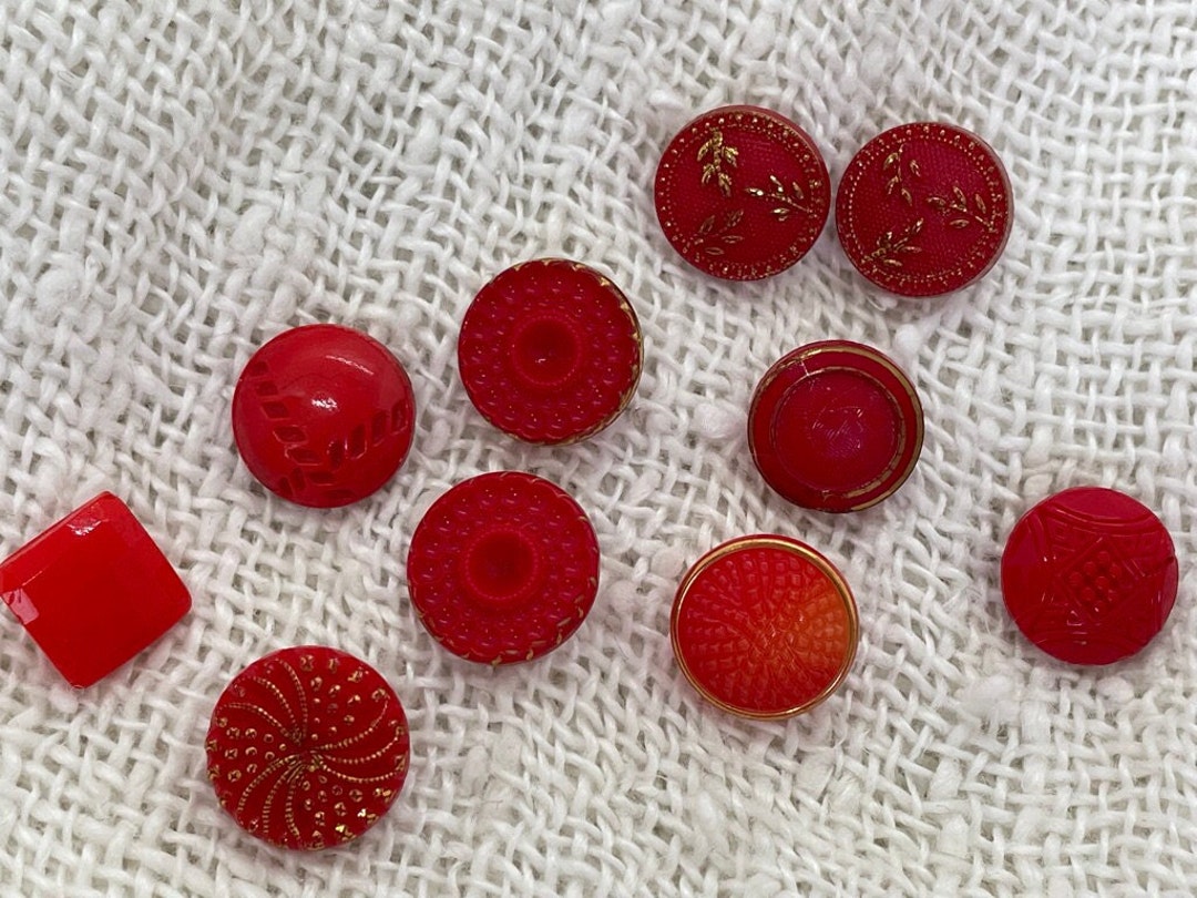 10 Sm. Modern Opaque Red Glass Buttons, Self-shanked, Gold Luster ...